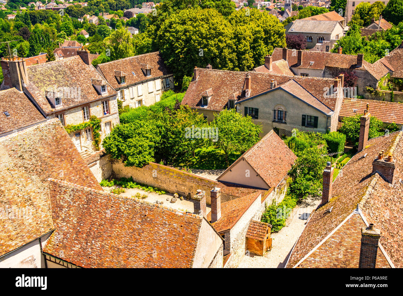 An aerial view of the rooftops of the Upper town of Provins, France ...