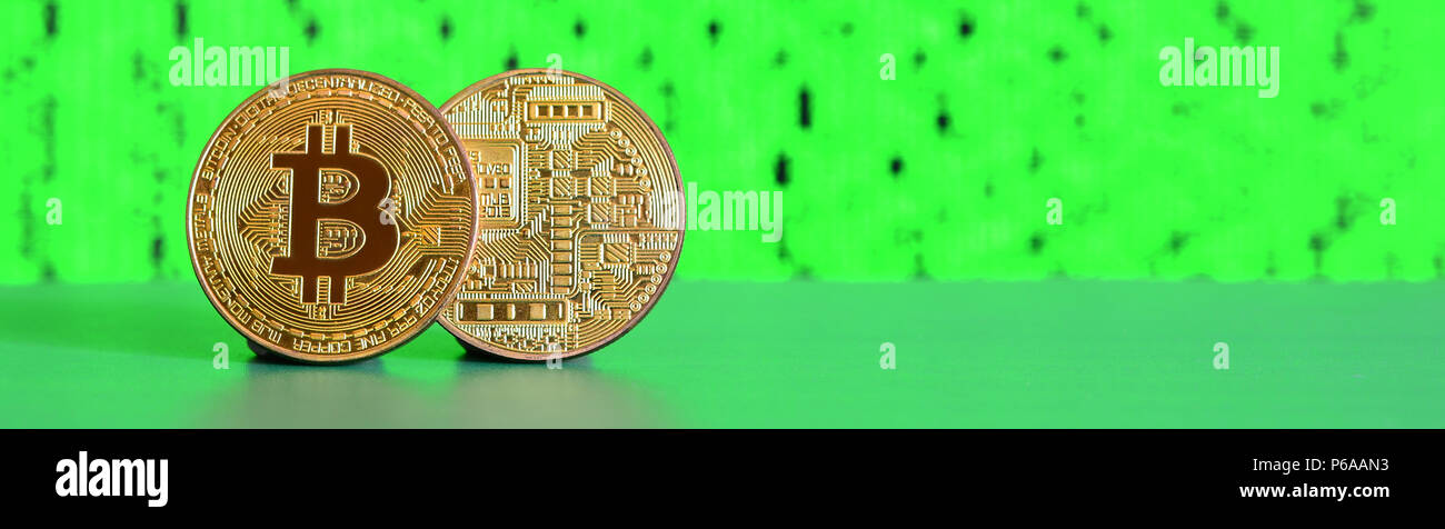 Two gold bitcoins lie on the green surface on the background of the ...