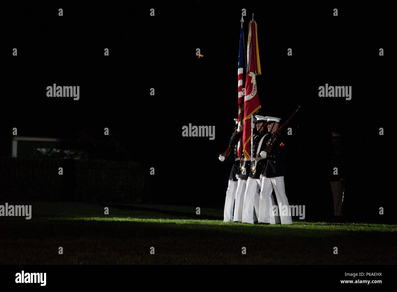 Members of the Marine Barracks Washington (MBW) Color Guard march the ...