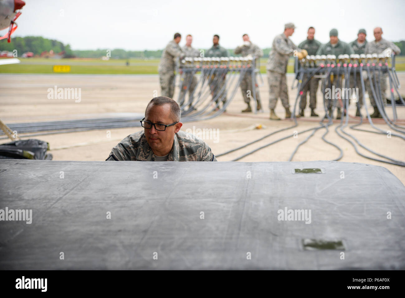 U.S. Air Force Master Sgt. Gerard Sheehan monitors a pneumatic a ...