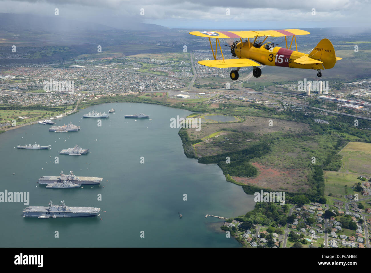 Harry Greene flies his Boeing Stearman Kaydet Primary Trainer airplane ...