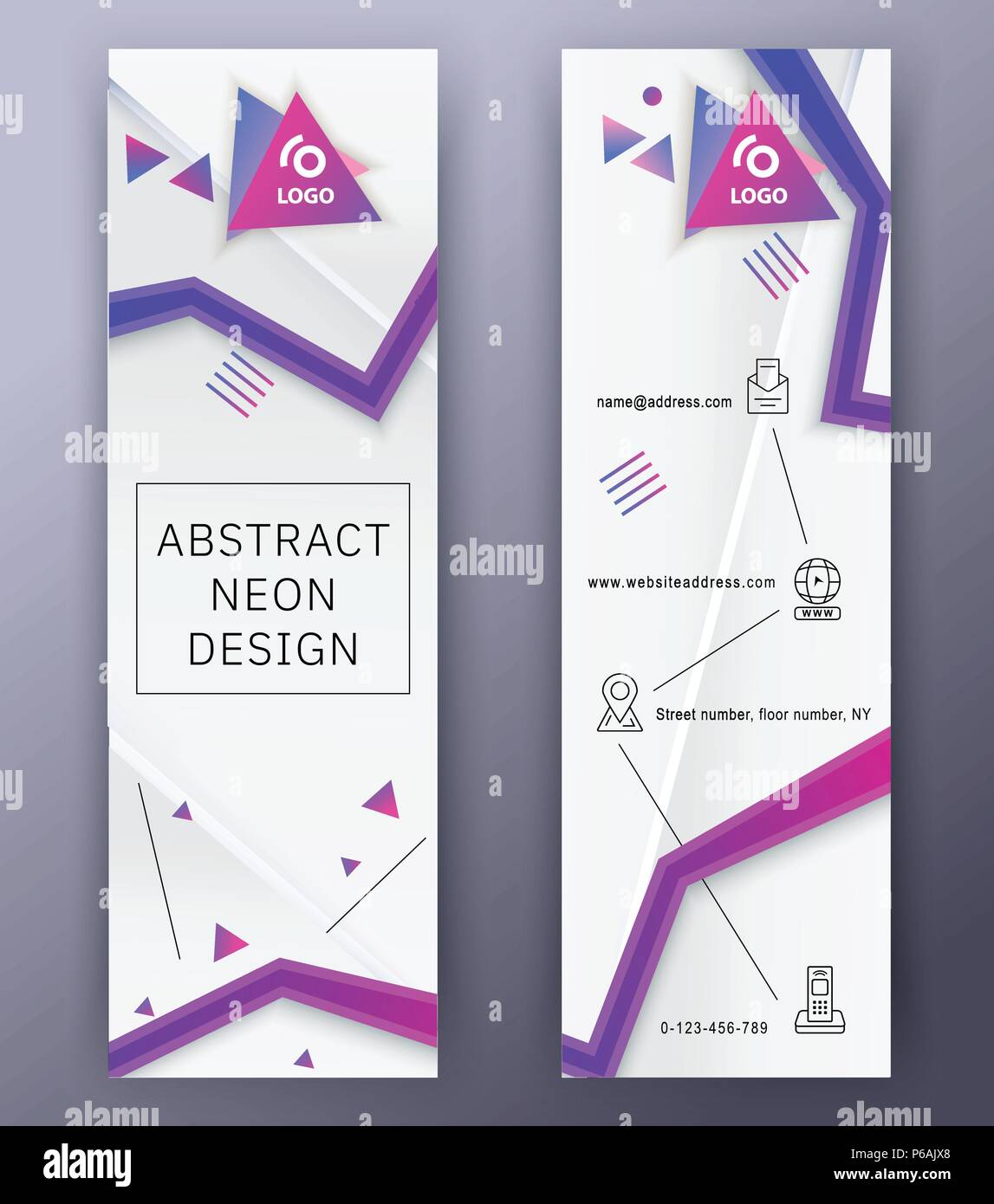 Vertical white banners with neon blue pink abstract design elements ...