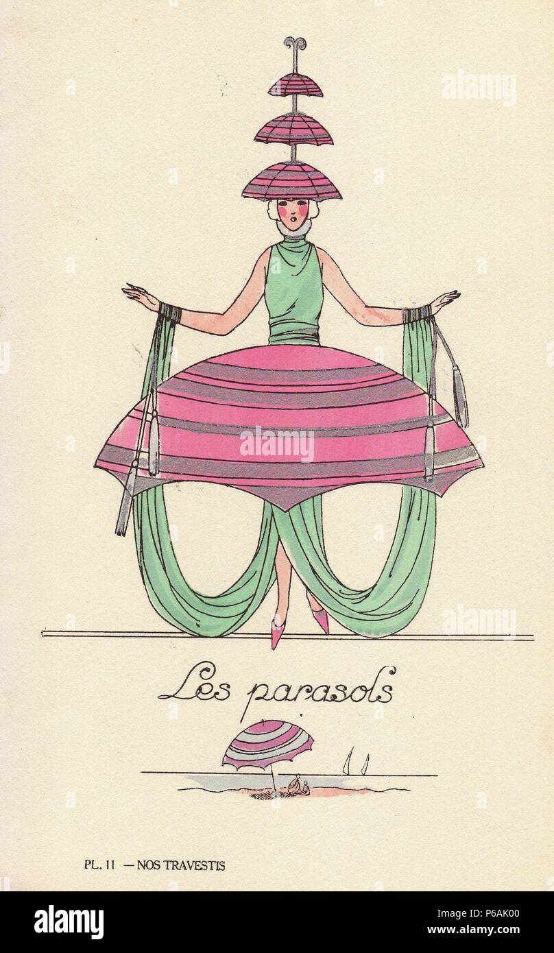 Woman in parasols fancy dress costume with hat and dress made of pink ...