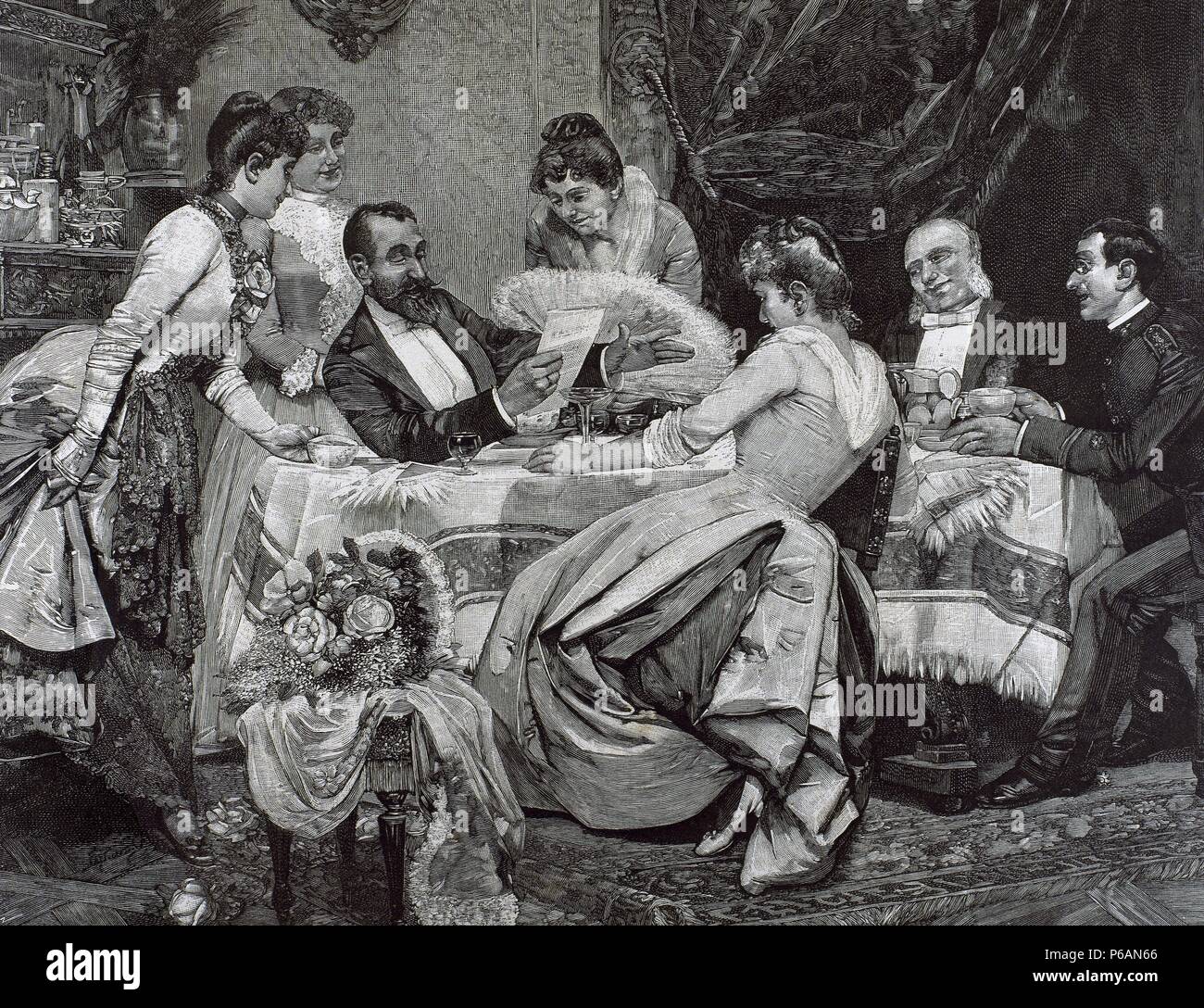 Society. Bourgeois family gathered around table to read a card ...