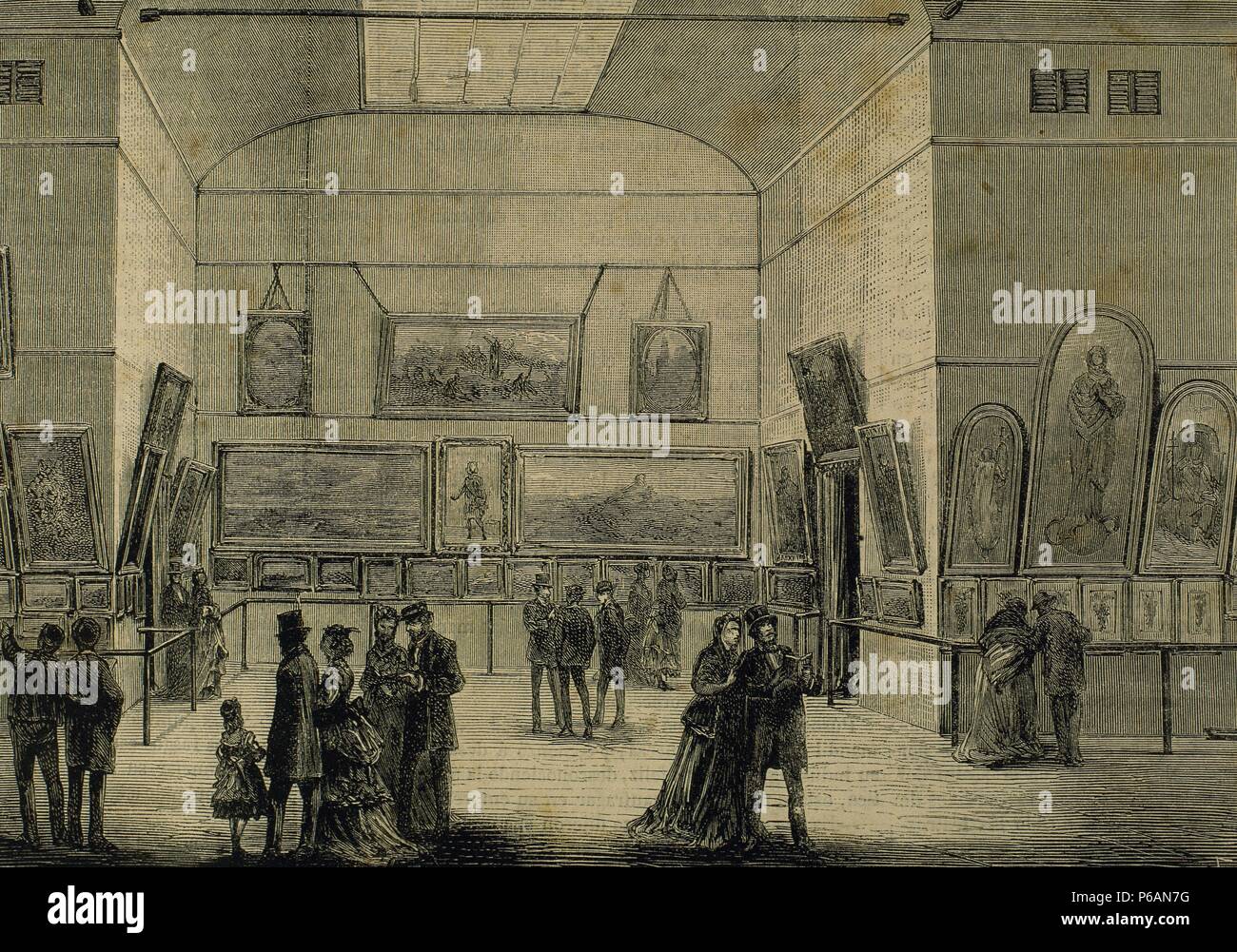 Spain. Barcelona. People visiting an exhibition of Fine Arts. Engraving ...