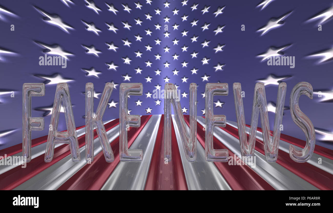 3D Illustration. Fake news in see through letters against an American ...