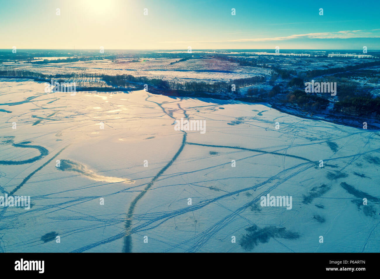 Aerial view of the frozen lake in winter Stock Photo - Alamy