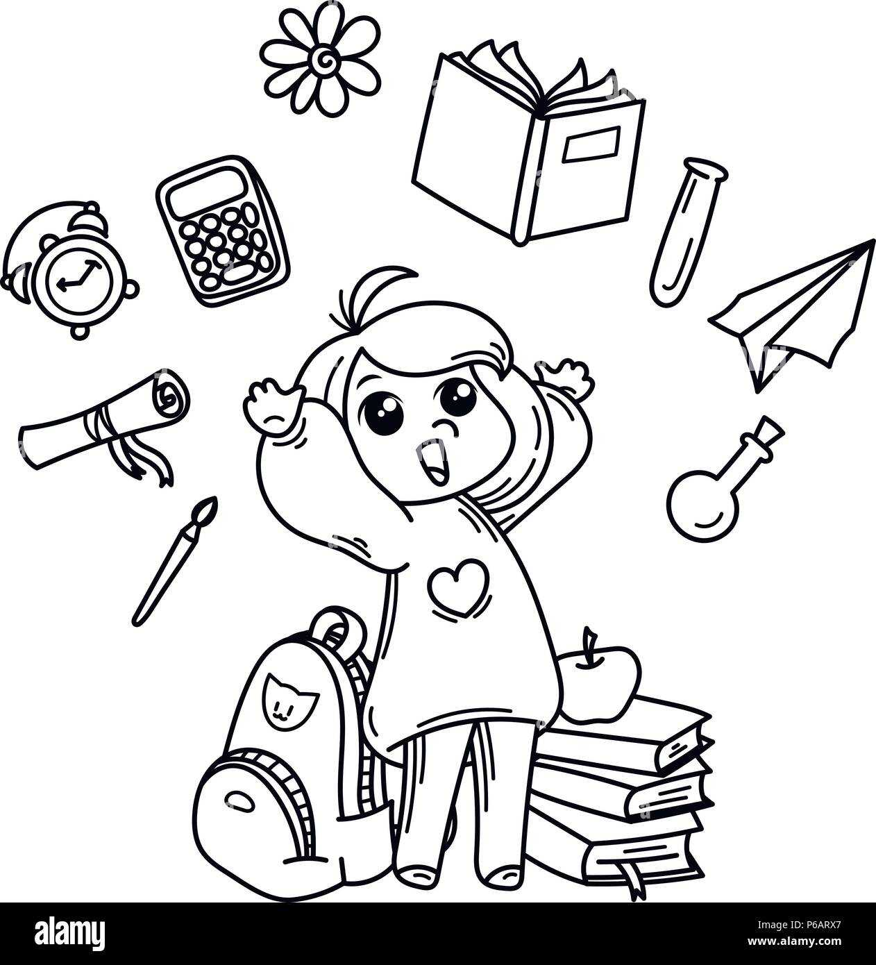 Cute girl ready to School. Vector illustration for books, prints ...
