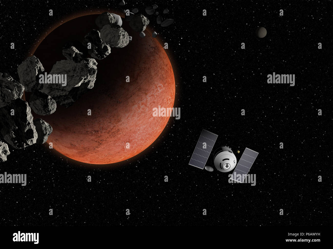 Spacecraft flying to unknown planet, stars and nebula in outer space ...