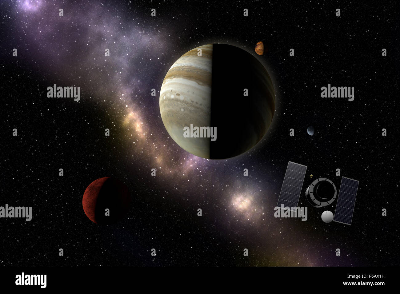 Spacecraft flying to unknown planet, stars and nebula in outer space ...