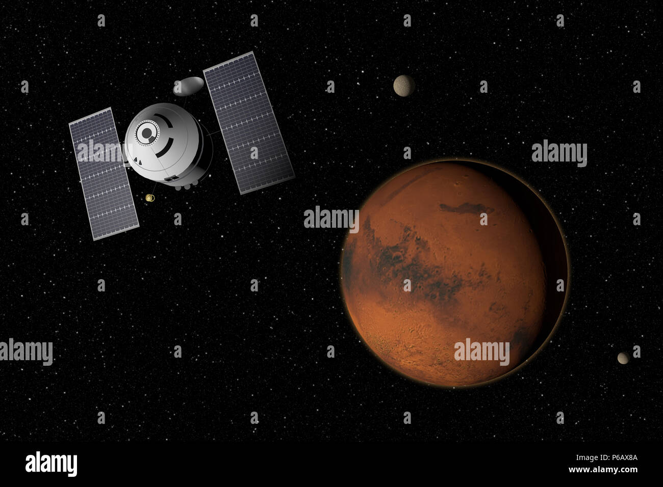 Spacecraft flying to unknown planet, stars and nebula in outer space ...