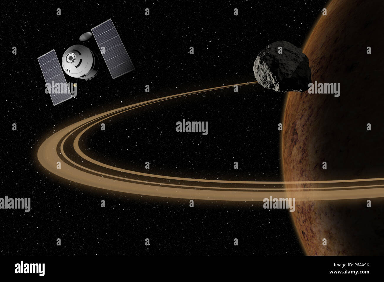 Spacecraft flying to unknown planet, stars and nebula in outer space ...