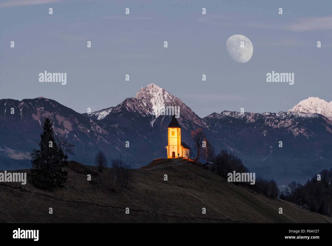 Church Mountain Moon and Tree Stock Photo - Alamy