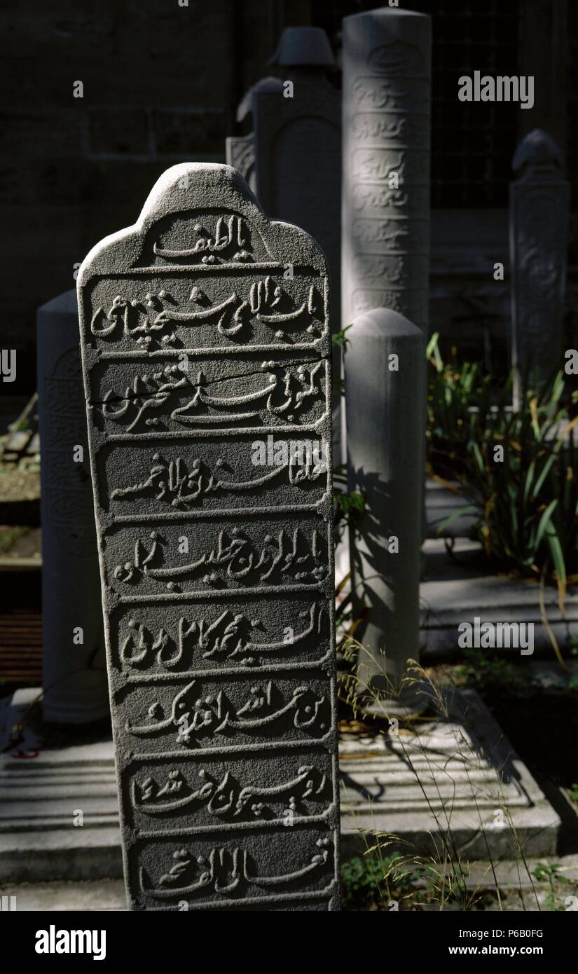 Turkey. Istanbul. Ottomans stone stelae inscricpiones.Cemetery. Complex ...