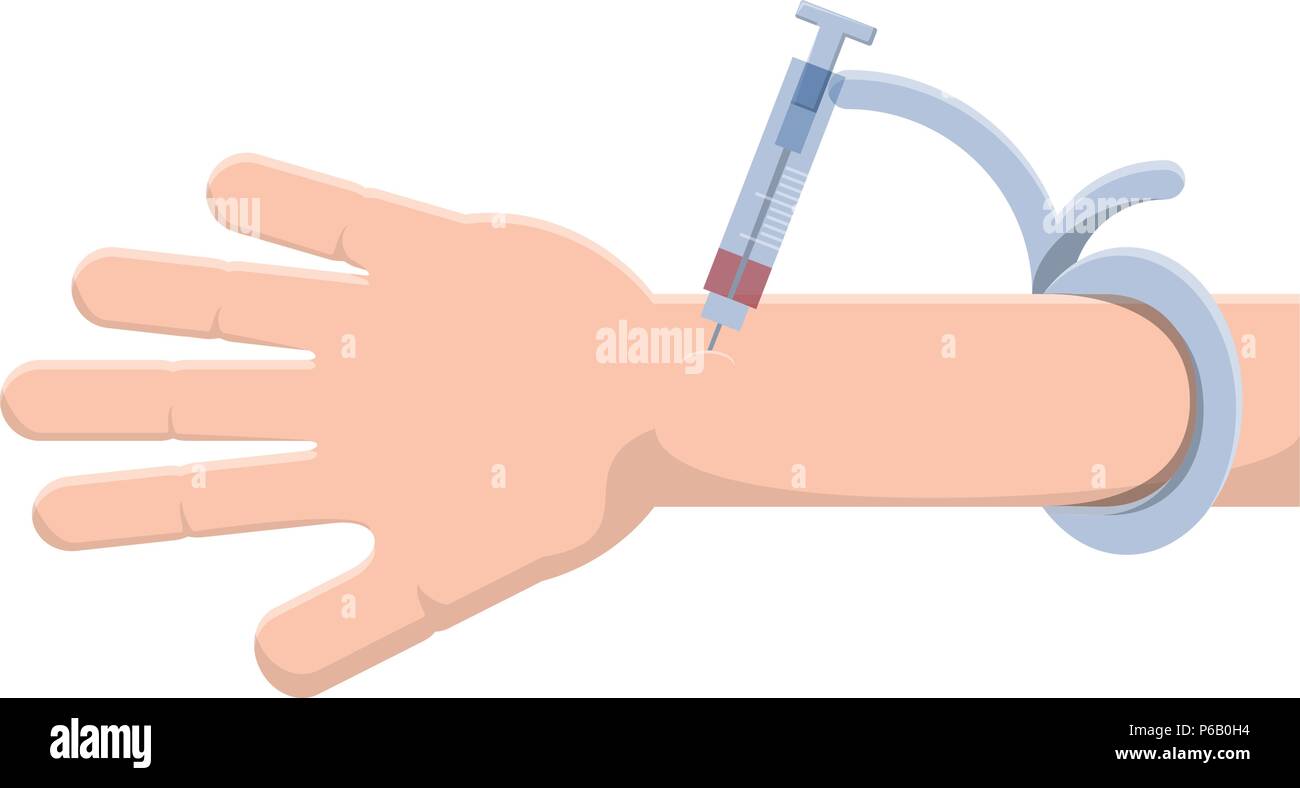 hand with a syringe for injection icon over white background, vector ...