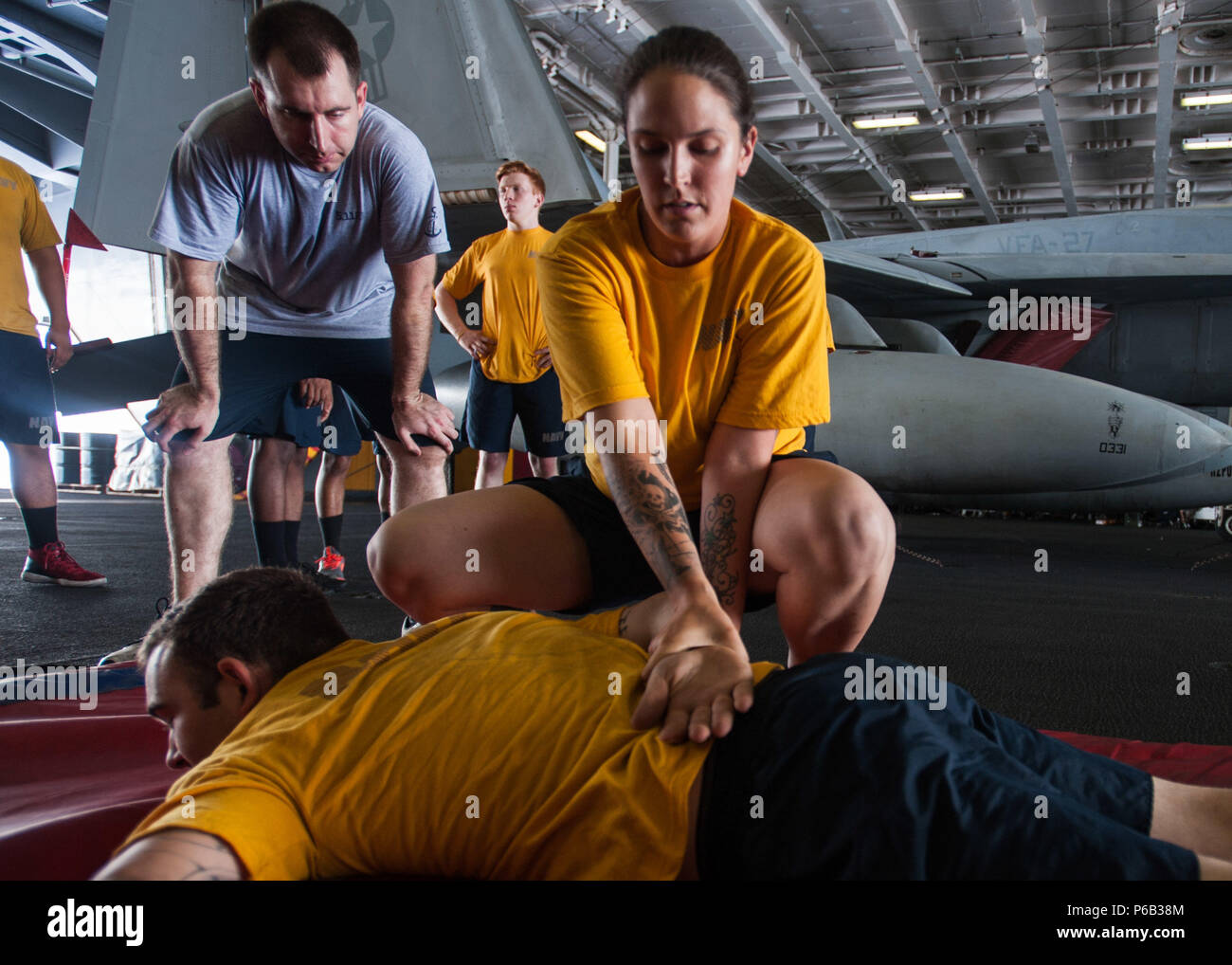 In the hangar bay of the aircraft carrier USS Ronald Reagan (CVN 76) in ...