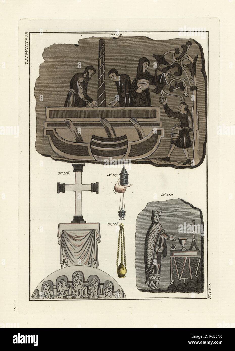 Anglo Saxon grape press 114, altars 115, 116, and censers (incense ...