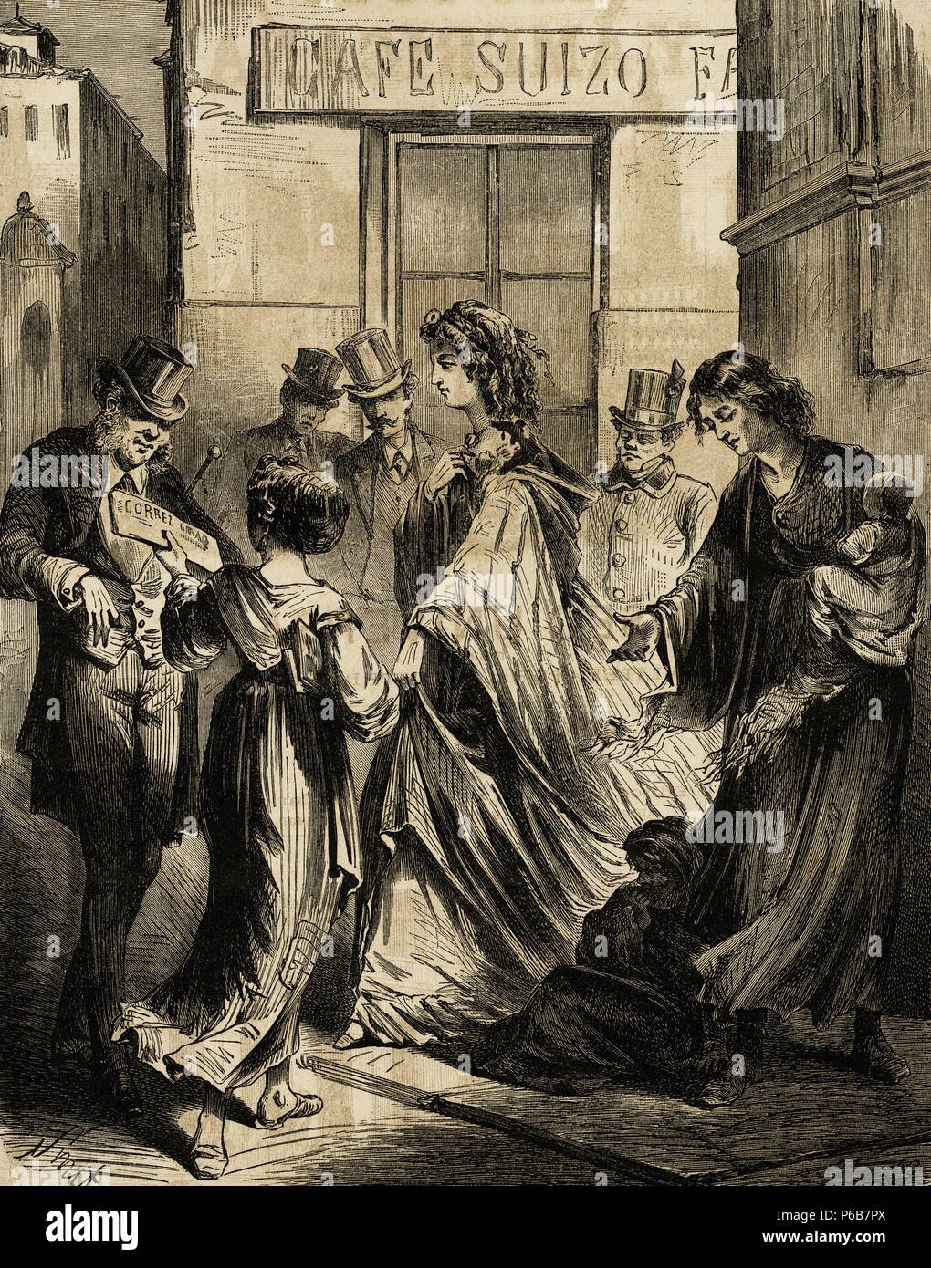Spain. Madrid. The corner of the dangers's street. Engraving in The ...