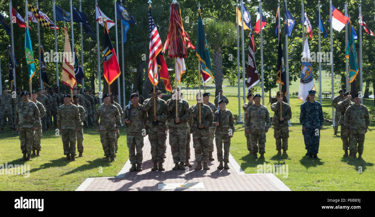 Commanders and their unit colors stand at attention during the Fort ...