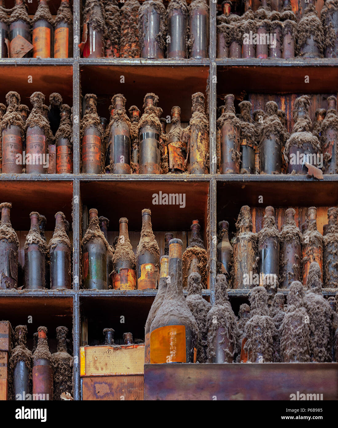 Collection of Aged-Old Bottles. Display of very old bottles left on the ...