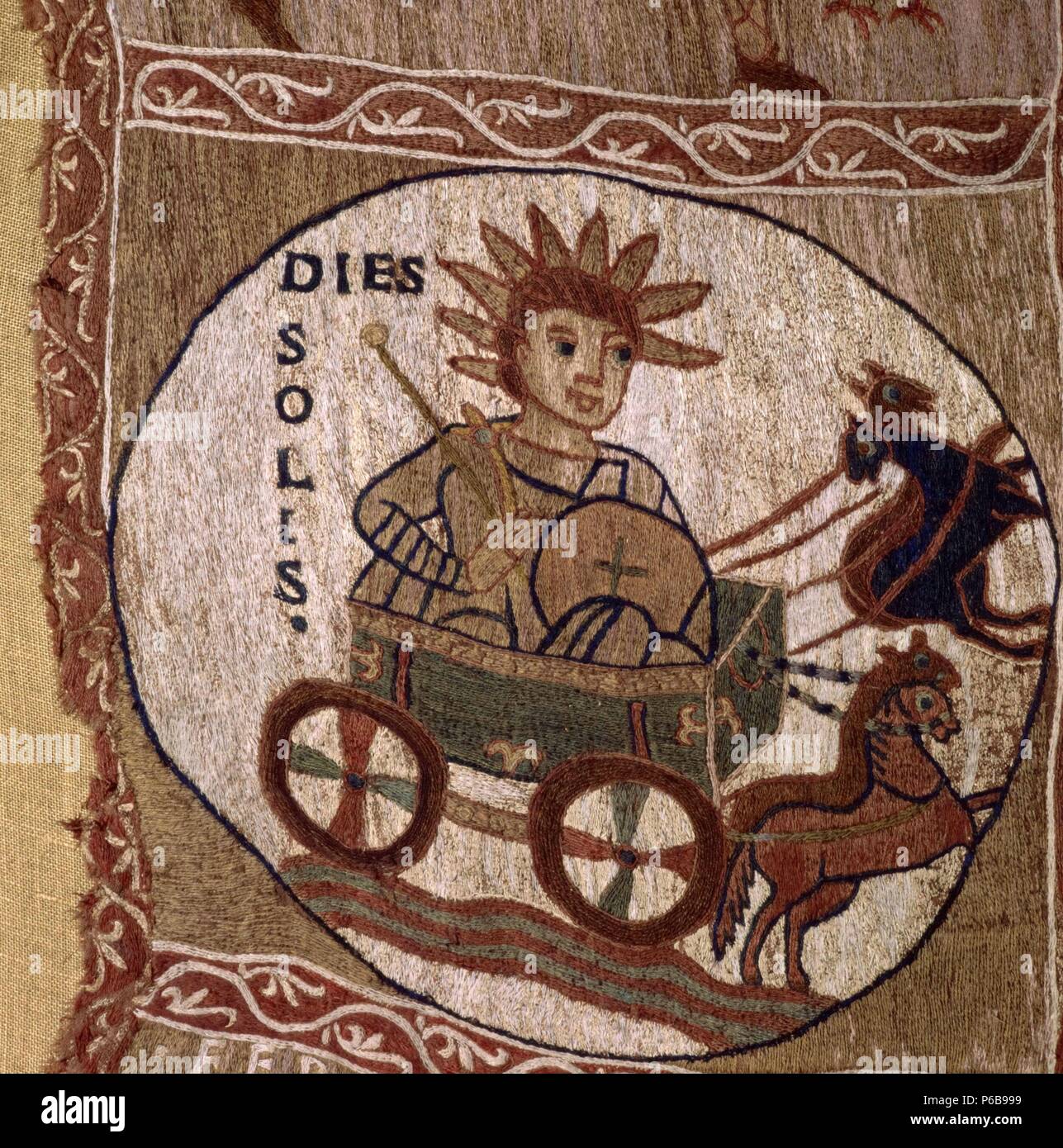 Detail Creation Tapestry, 11th, Romanesque. Domingo, a crowned man on a ...