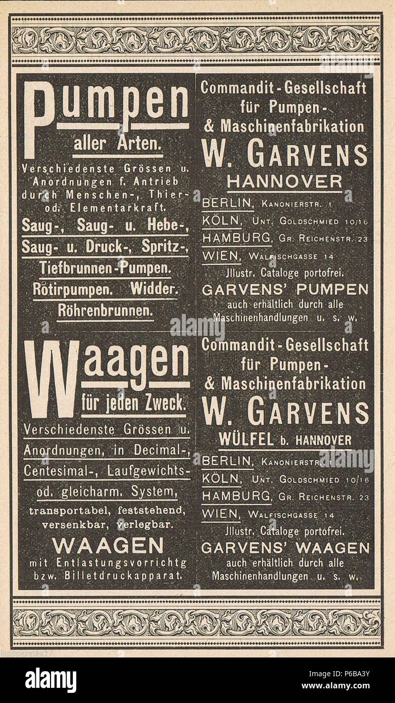 1897 circa Reklame W. Garvens Wülfel bei Hannover Maschinenfabrikation ...