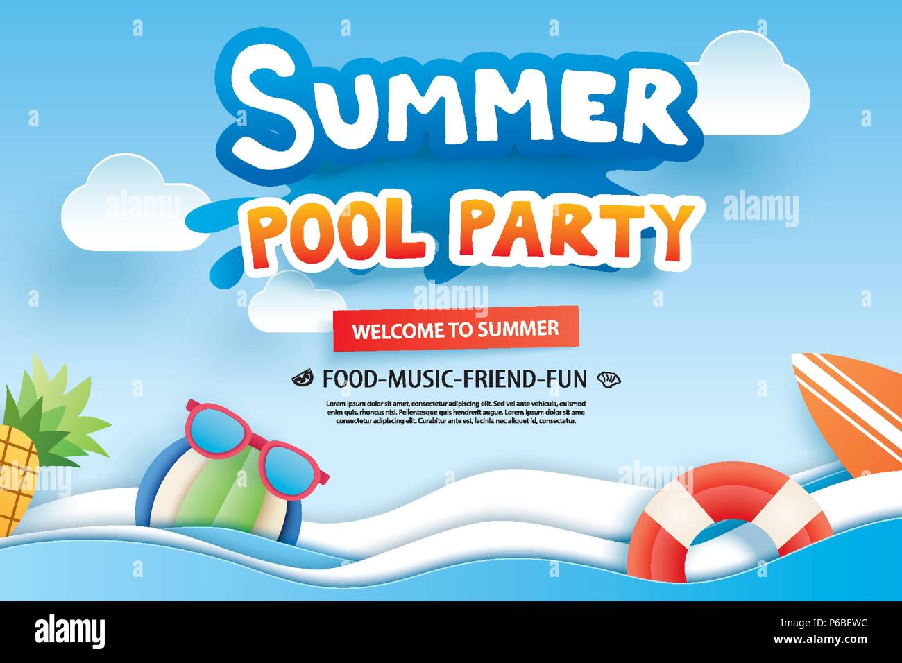 Summer pool party with paper cut symbol and icon for invitation ...