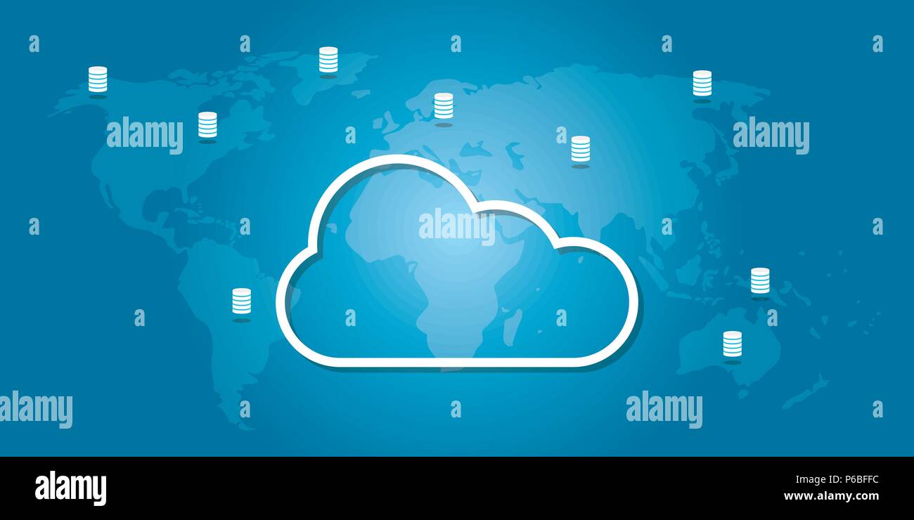 cloud storage icons on world maps with database vector illustration ...