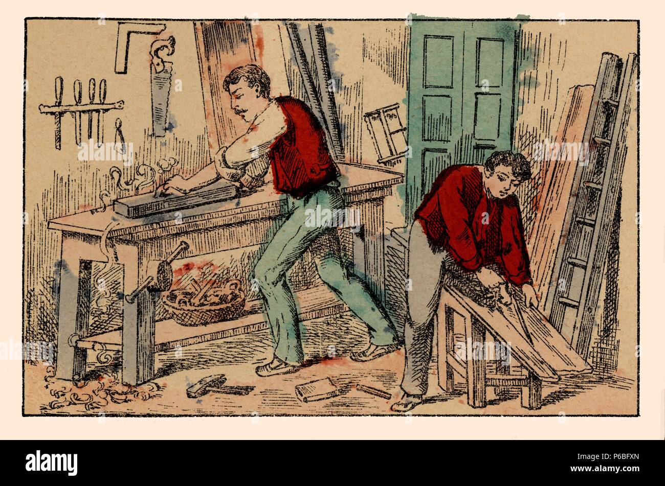 Catalunya. Oficios manuales. Carpinteros trabajando la madera. Grabado ...