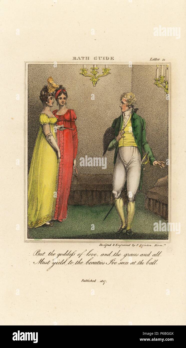 Regency gentleman and two elegant ladies with feather headdresses, fans ...