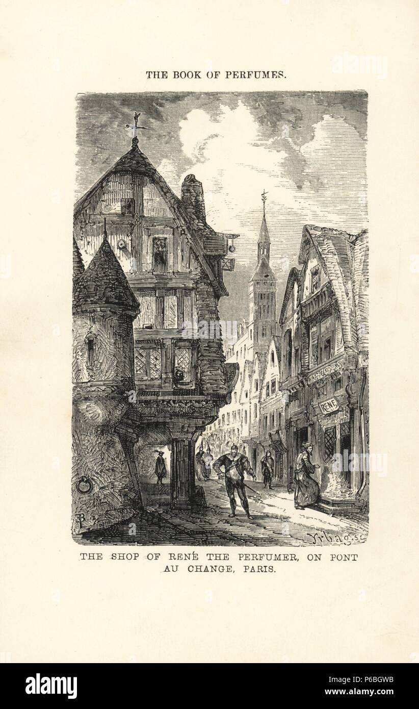 The shop of Rene the Perfumer on Pont au Change, Paris. Woodcut ...