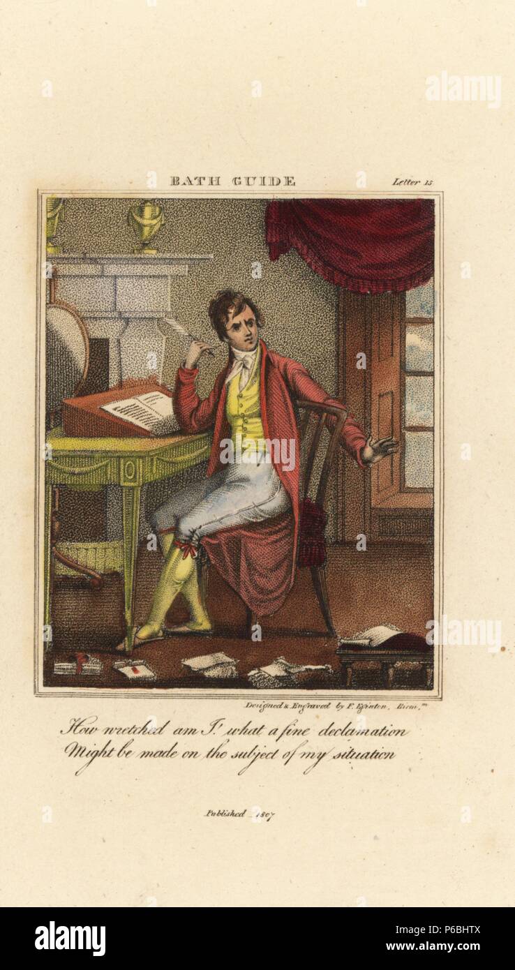 Regency gentleman seated at an ecritoire with a feather pen writing a ...