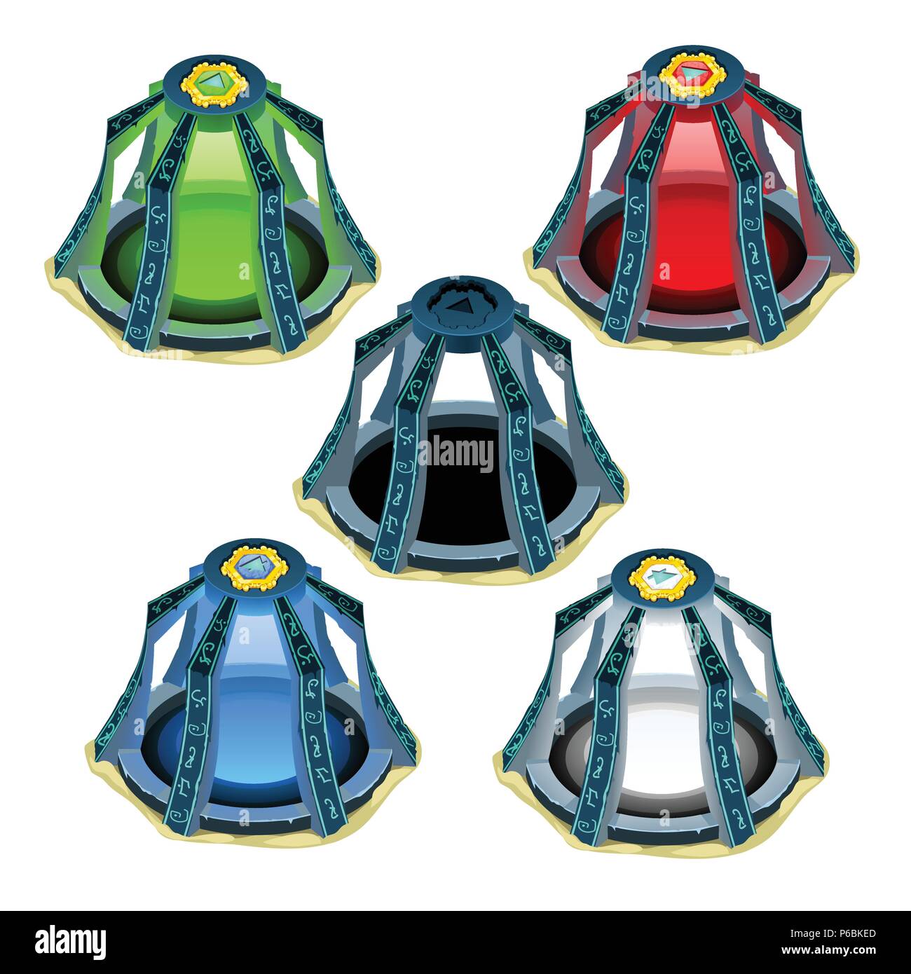 Set of artifacts with glowing runes isolated on white background ...