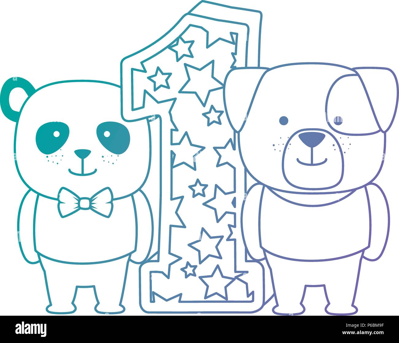 cute number one with bear panda and dog characters vector illustration ...