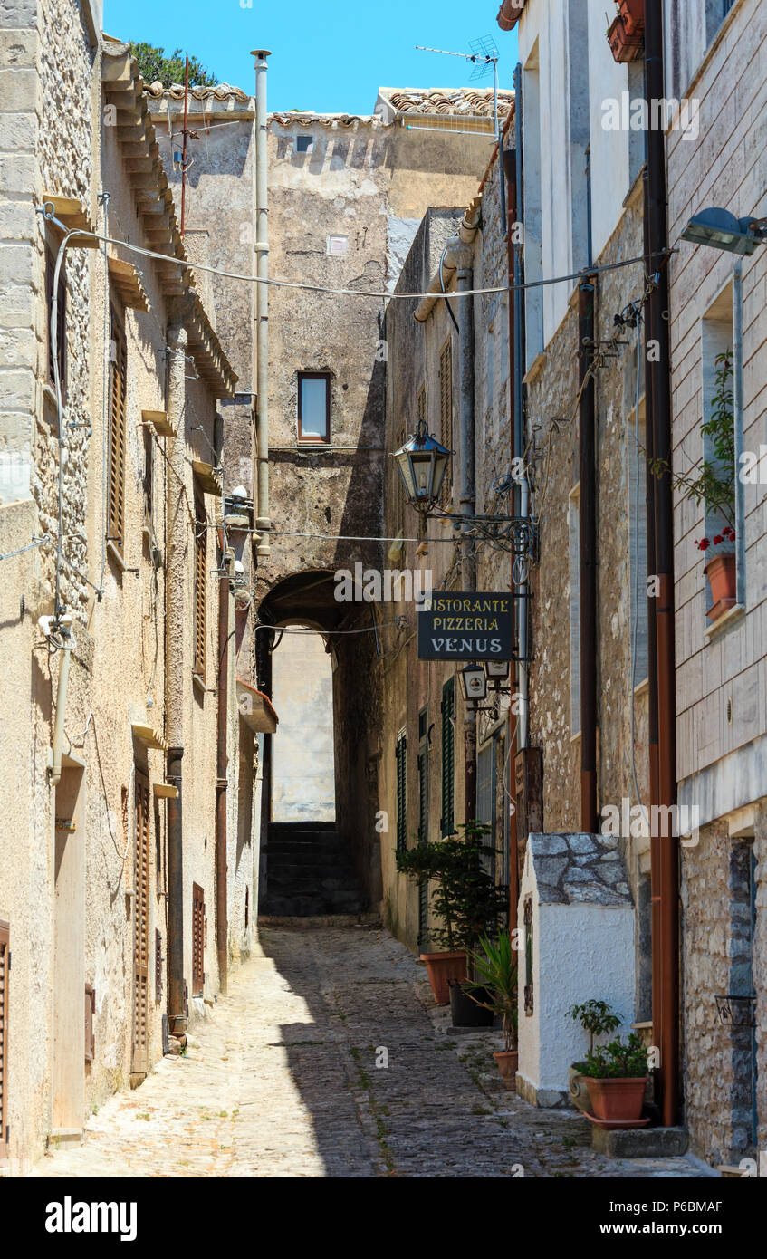 ERICE, ITALY - JUNE 15, 2017: Street view of the old medieval Erice ...