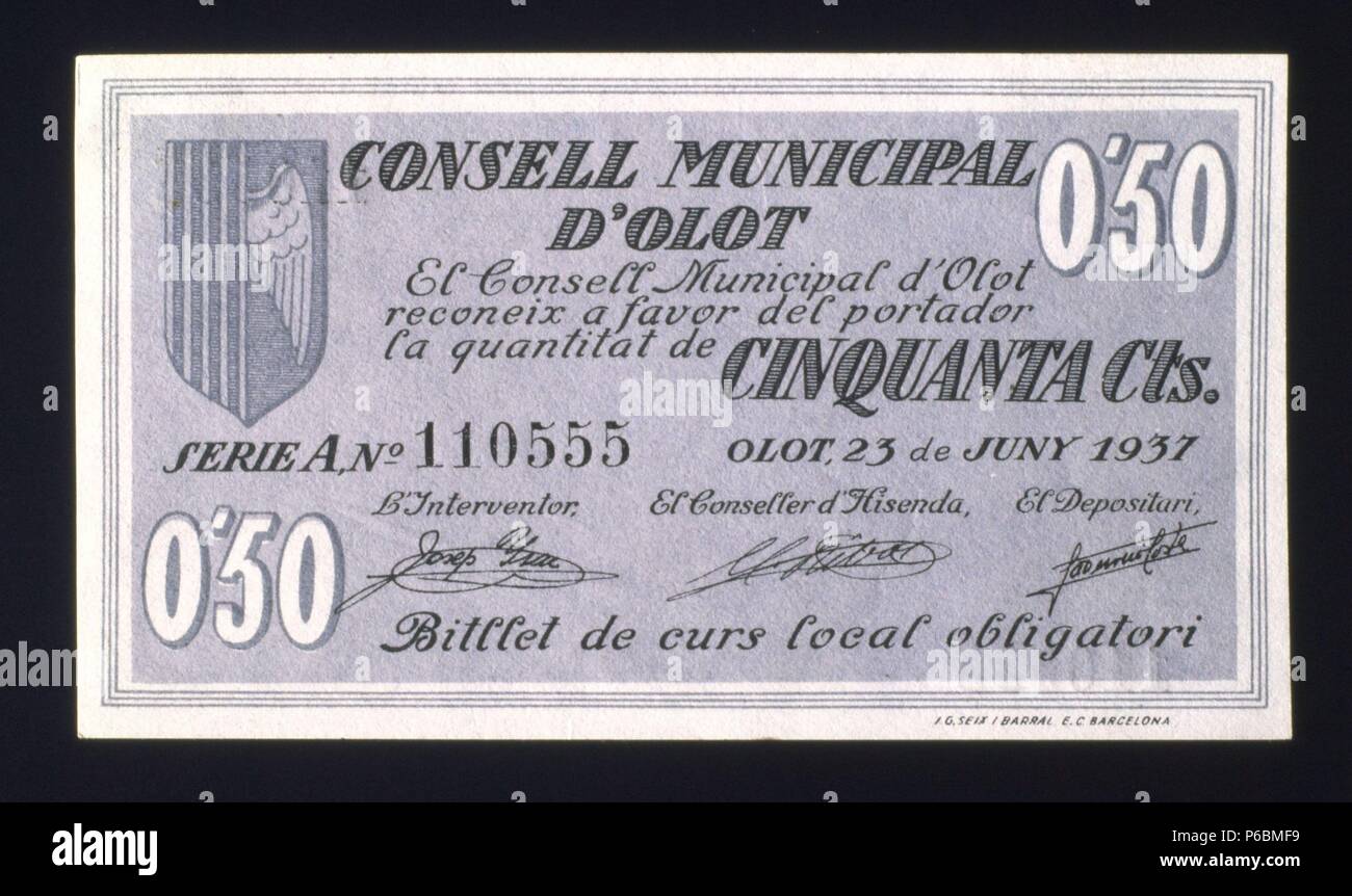 Paper money, 50 cent. Olot, 1937. Paper money created during the ...