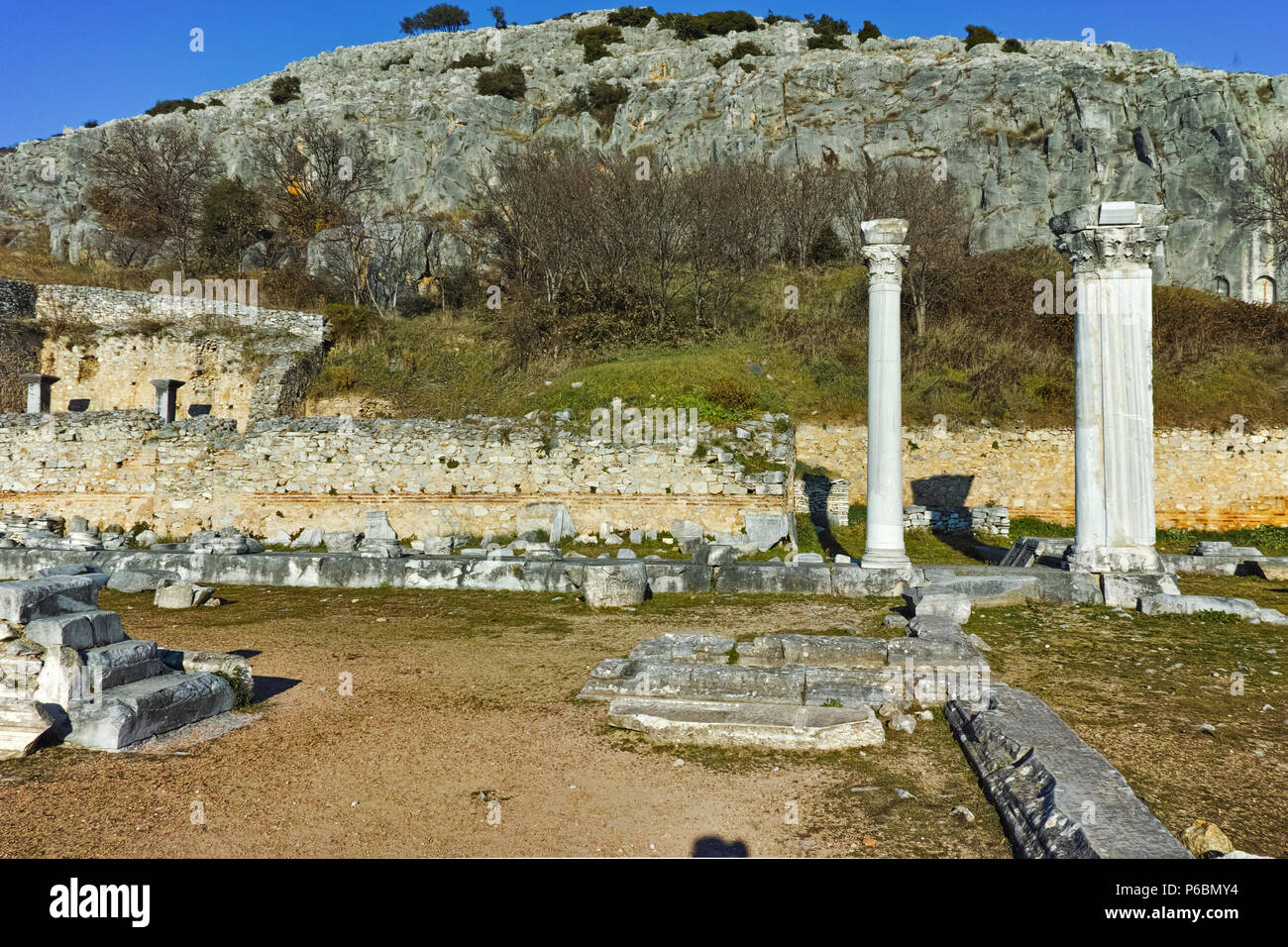 Panoramic view of archaeological area of ancient Philippi, Eastern ...