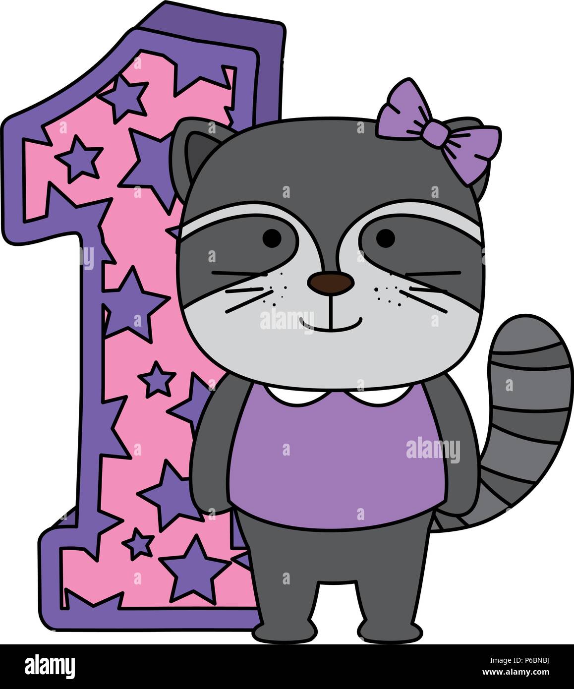 cute number one with cute raccoon vector illustration design Stock ...