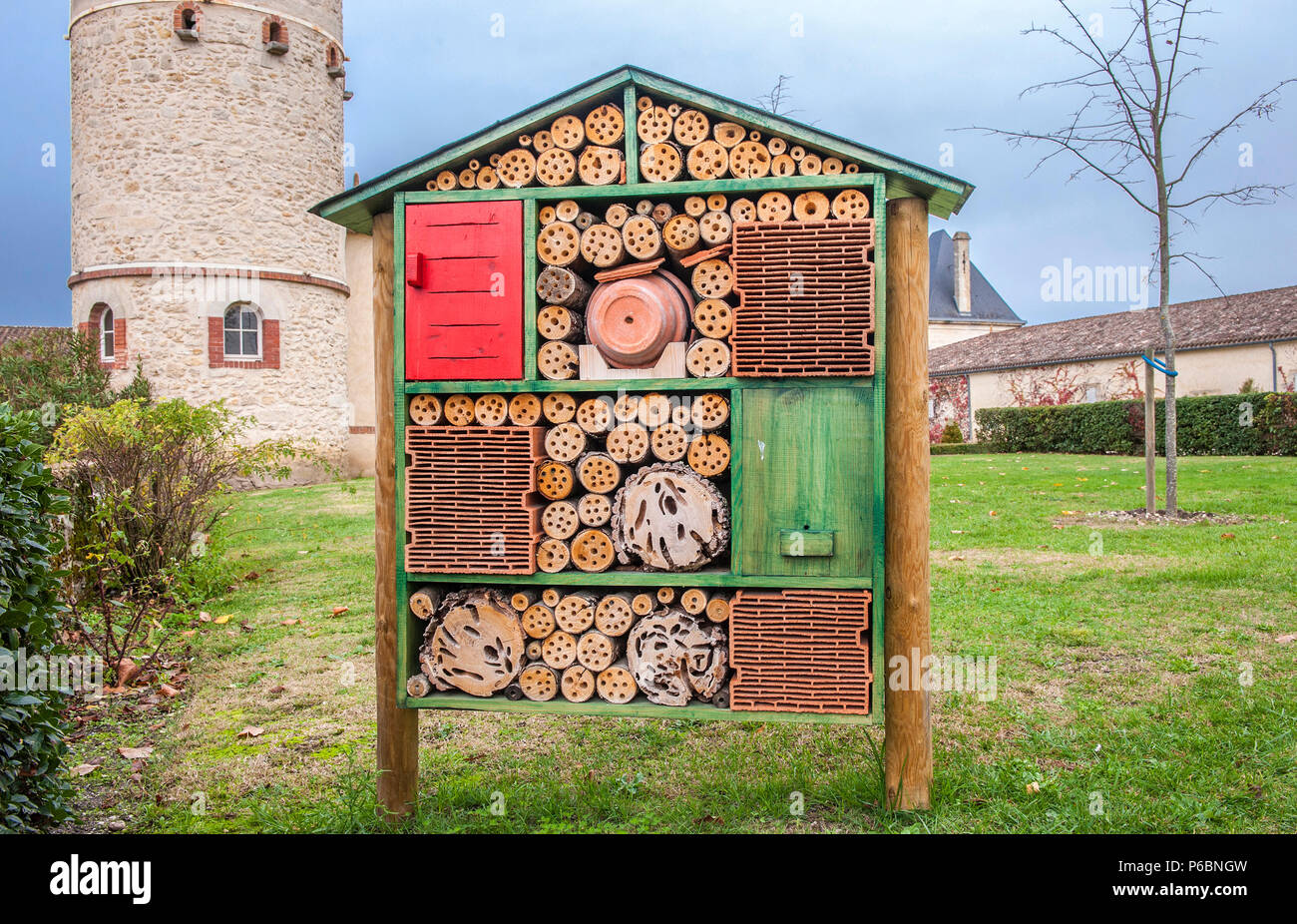 South West France, PDO wine Sauternes vineyard, insect hotel in the ...