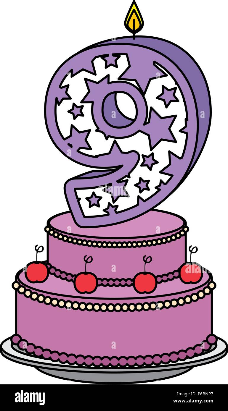 cute number nine candle with sweet cake vector illustration design ...