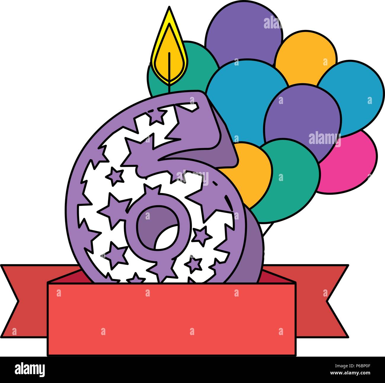 cute number six candle with balloons helium vector illustration design ...