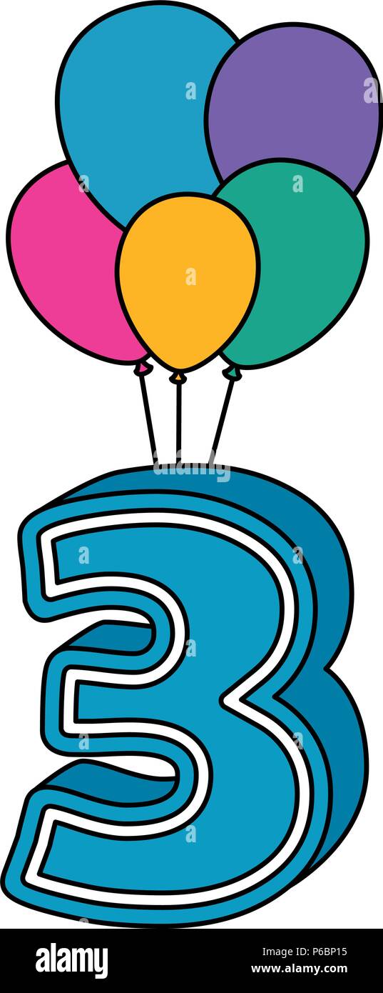 cute number three with balloons helium vector illustration design Stock ...