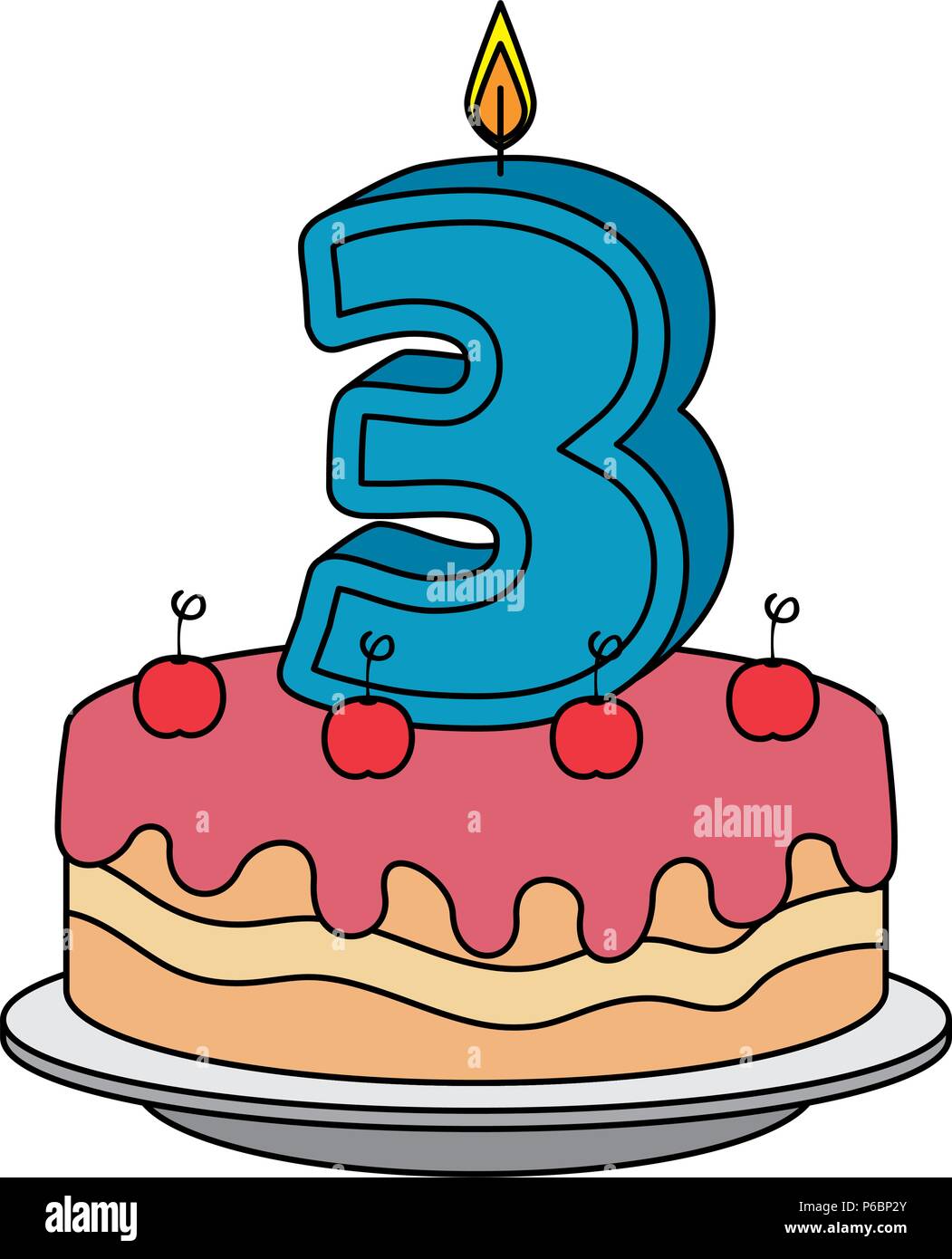 cute number three candle with sweet cake vector illustration design ...