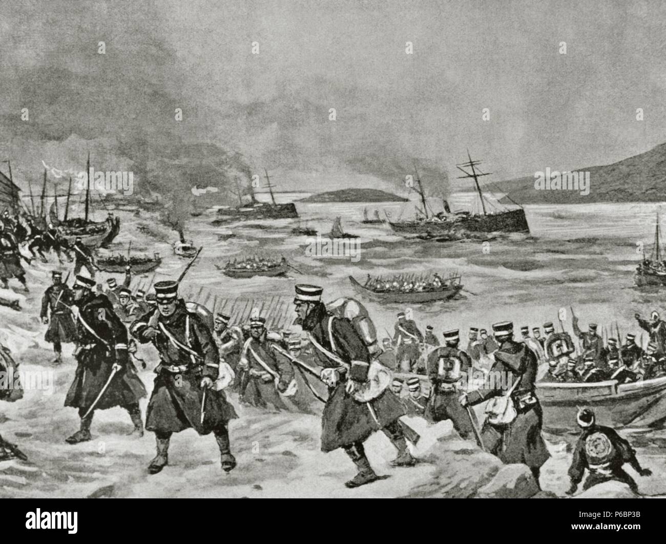 Russo-Japanese War (1904-1905). Landing of Japanese troops in Chemulpo. Engraving Stock Photo ...
