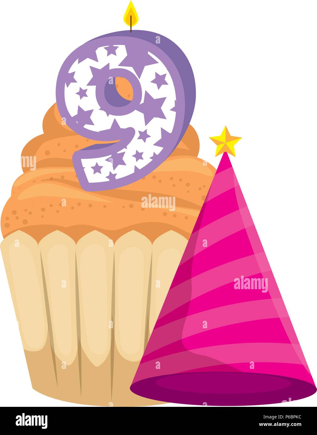 sweet cupcake with candle number nine and hat vector illustration ...