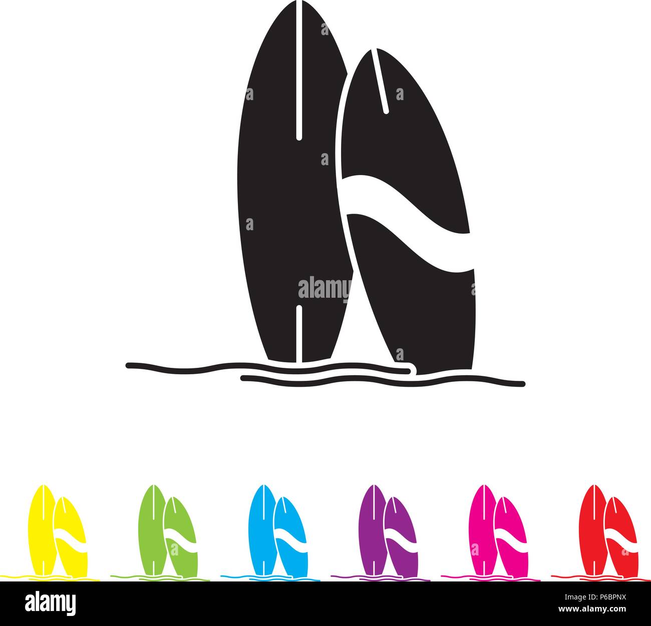 Surf boards at the beach vector icon. Summer holidays and water sports ...