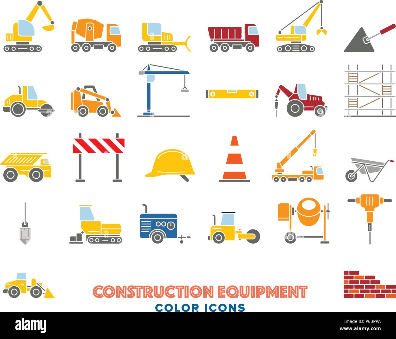 Collection of colored construction equipment vector icons on white ...