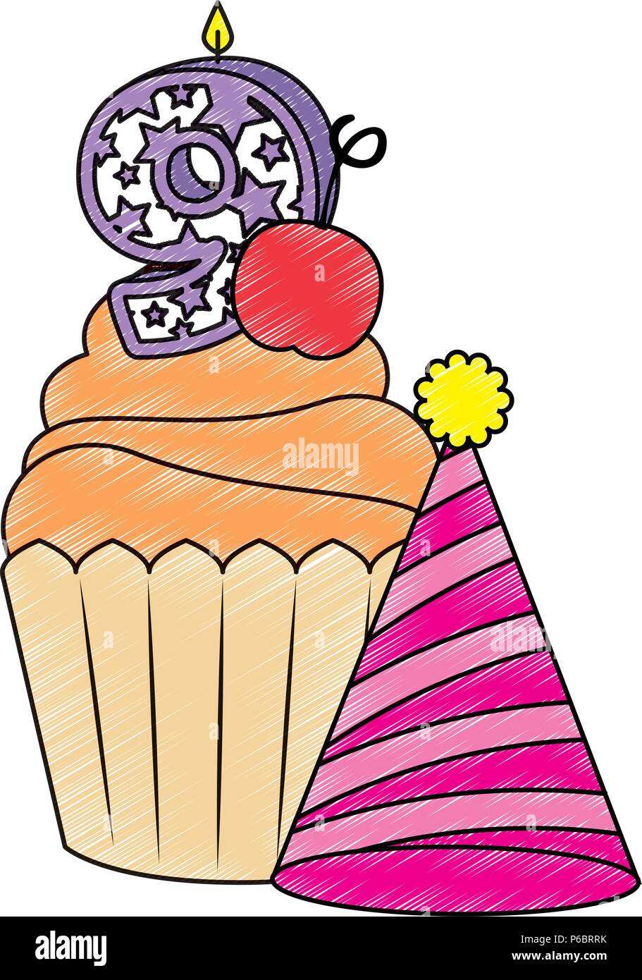 sweet cupcake with candle number nine and hat vector illustration ...