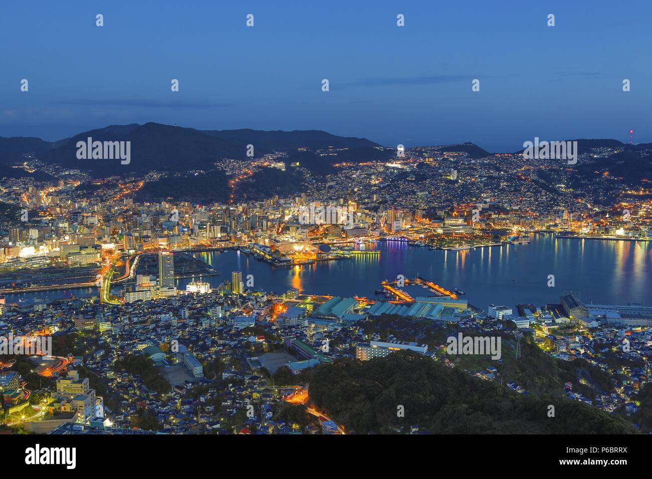 Japan, Kyushu, Nagasaki City, Nagasaki Bay at sunset from Mount Inasa ...
