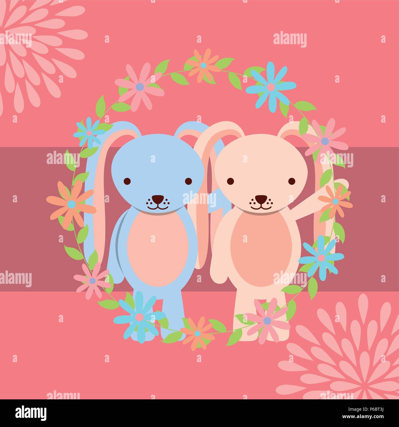 cute couple rabbits boy and girl floral decoration Stock Vector Image ...